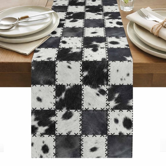 Abstract Cowhide Patchwork Cotton Linen Table Runner Country Farm Black ...