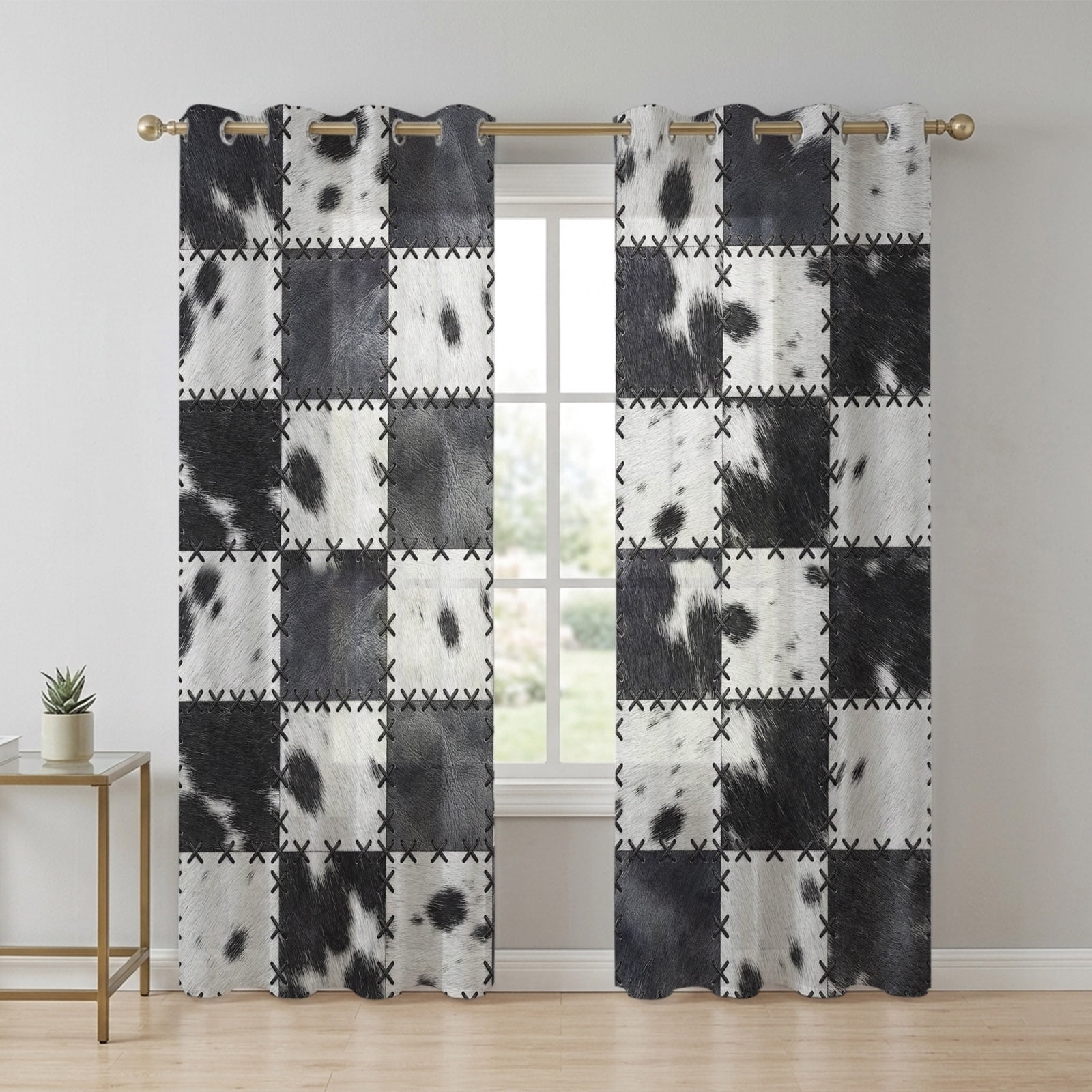 Abstract Cowhide Patchwork Sheer Curtains 96 Inch Long 2 Panels ...