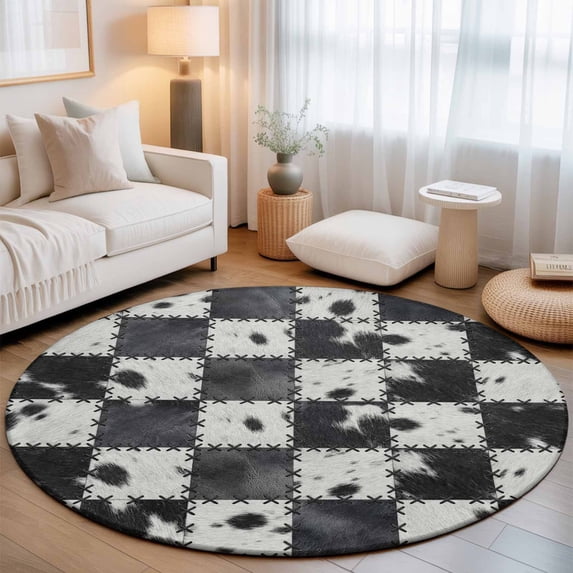 Abstract Cowhide Patchwork Washable Round Area Rug 5 ft, Country Farm ...