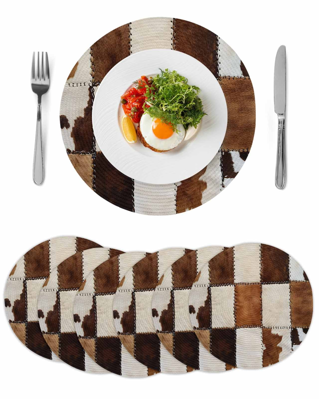 Abstract Cowhides Round 13 Inch Placemats Set of 6, Brown Beige Animal ...