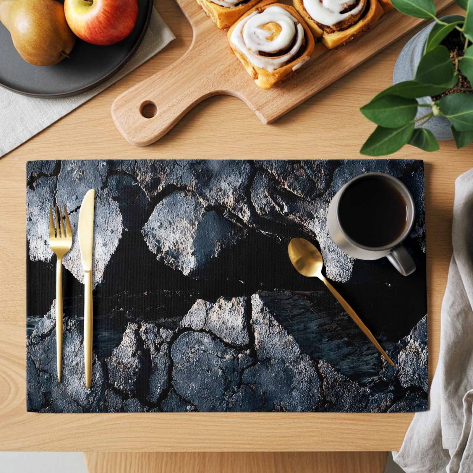 Abstract Crack Placemats Set of 2, Black Gray Cracked Earth Texture ...