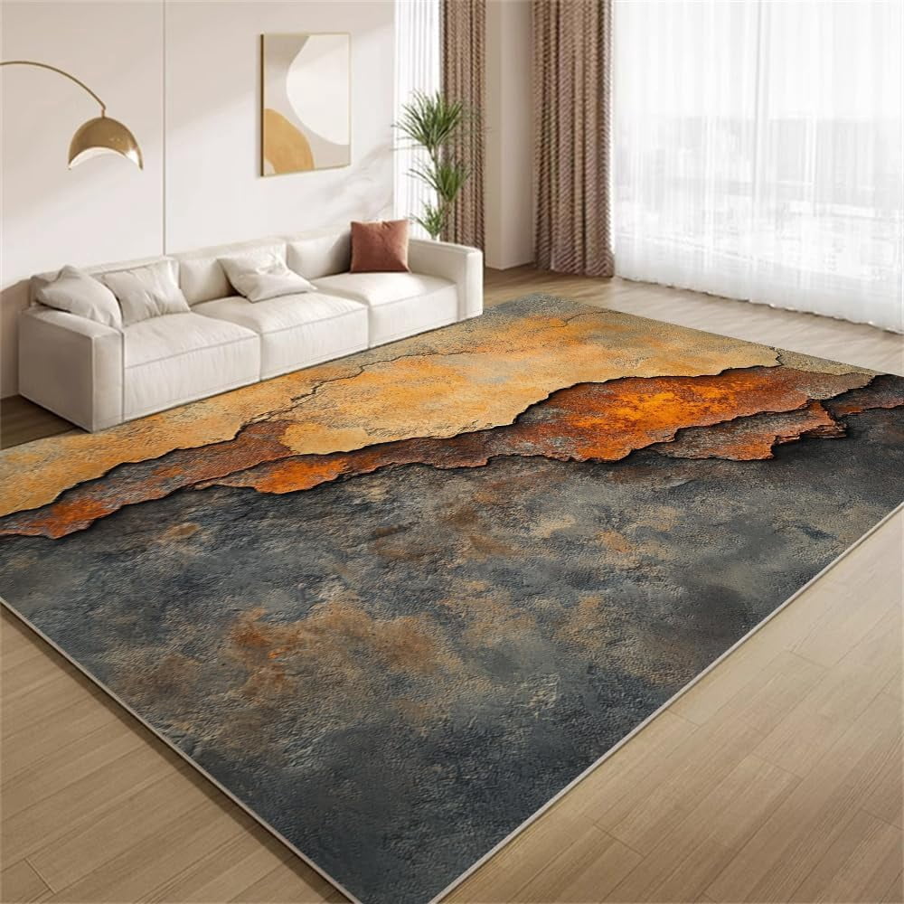 Abstract Crack Texture Area Rugs, Rust Red Dark Gray Carpet, Washable ...