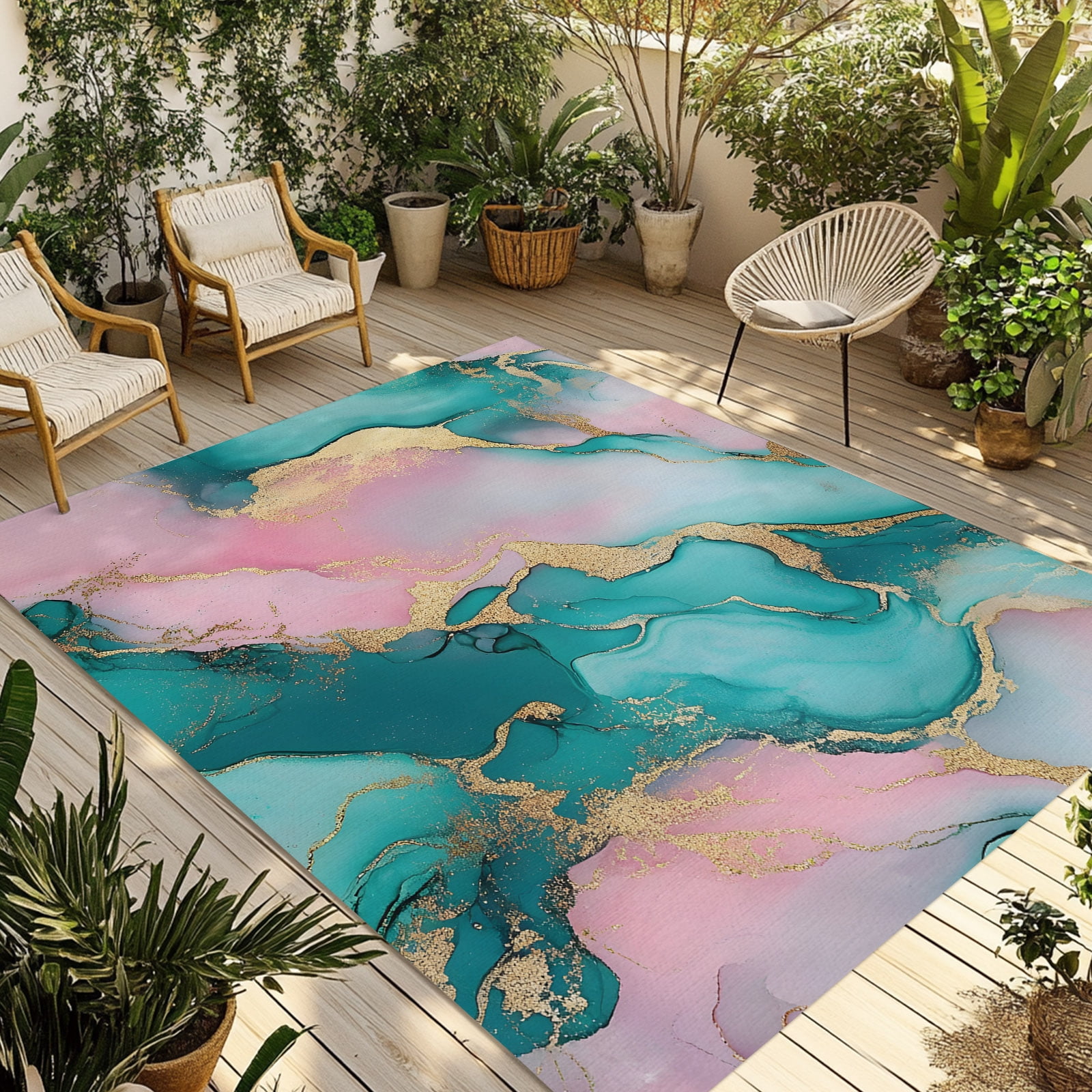 Abstract Cracks Outdoor Rug, Stone Teal Green Pink Marble Modern Art ...