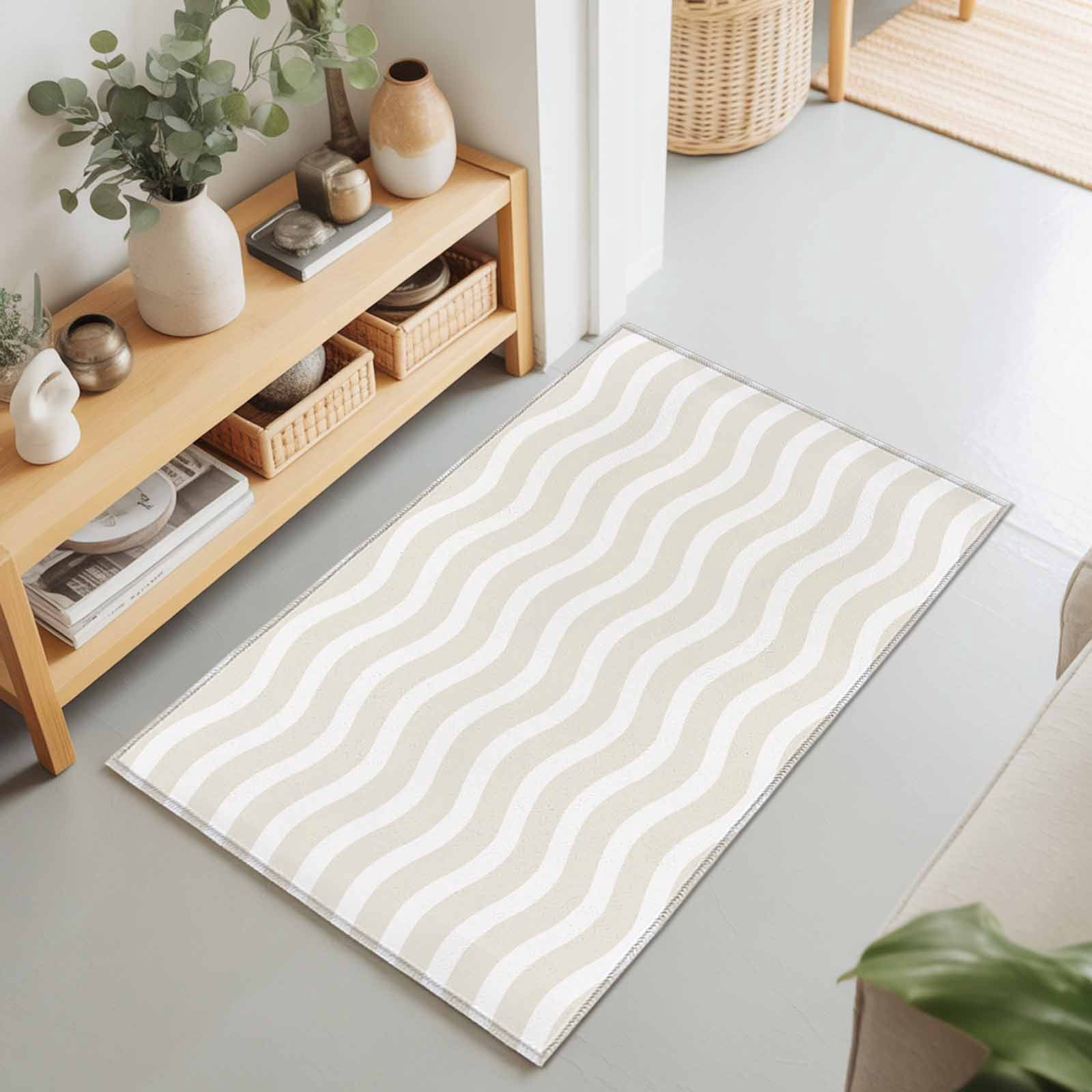 Abstract Cream Stripes Rectangle Rug 2'x3' Modern Waves Water Ripples ...