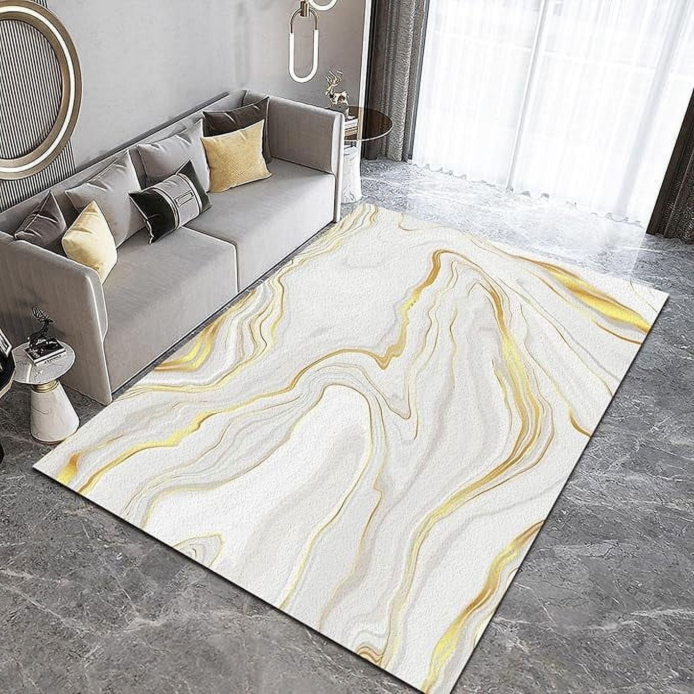Abstract Creamy White Marble Area Rug, Golden Quicksand Washable Rugs ...
