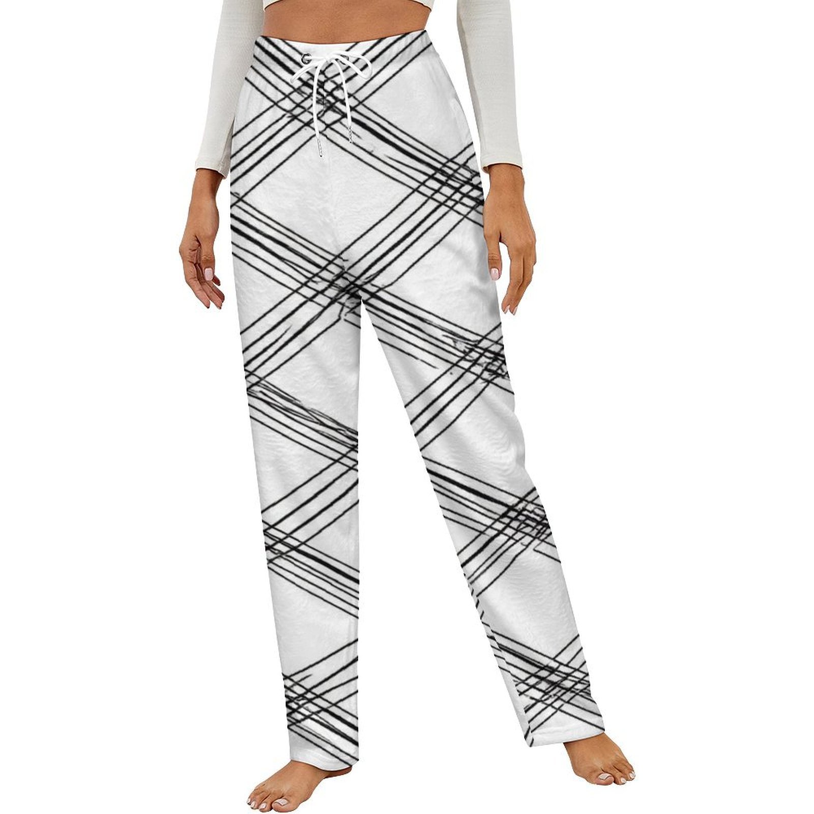 Abstract Crisscross Line Pattern Winter Female Pants Flannel High Waist ...