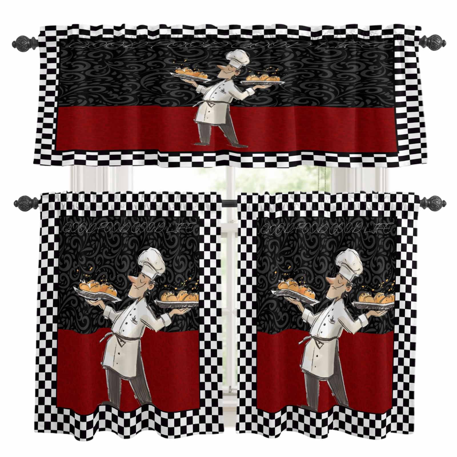 Abstract Curtain Valances Set Cartoon Style Chef Bread White Black ...