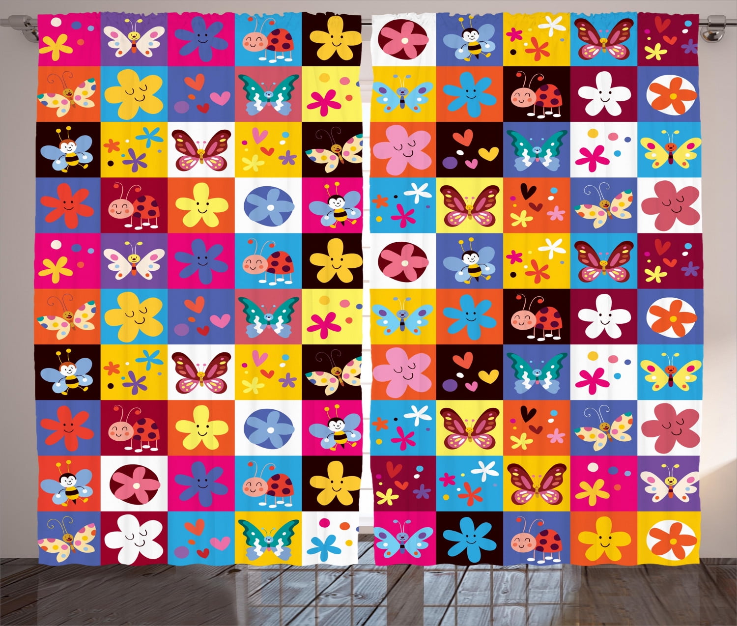 Ambesonne Abstract Curtains 2 Panel Set, Beetles Flowers Bees, 108" x ...