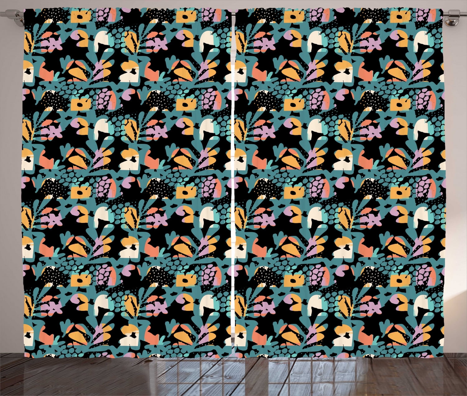 Abstract Curtains 2 Panels Set, Hand Drawn Illustration of Leaves and ...