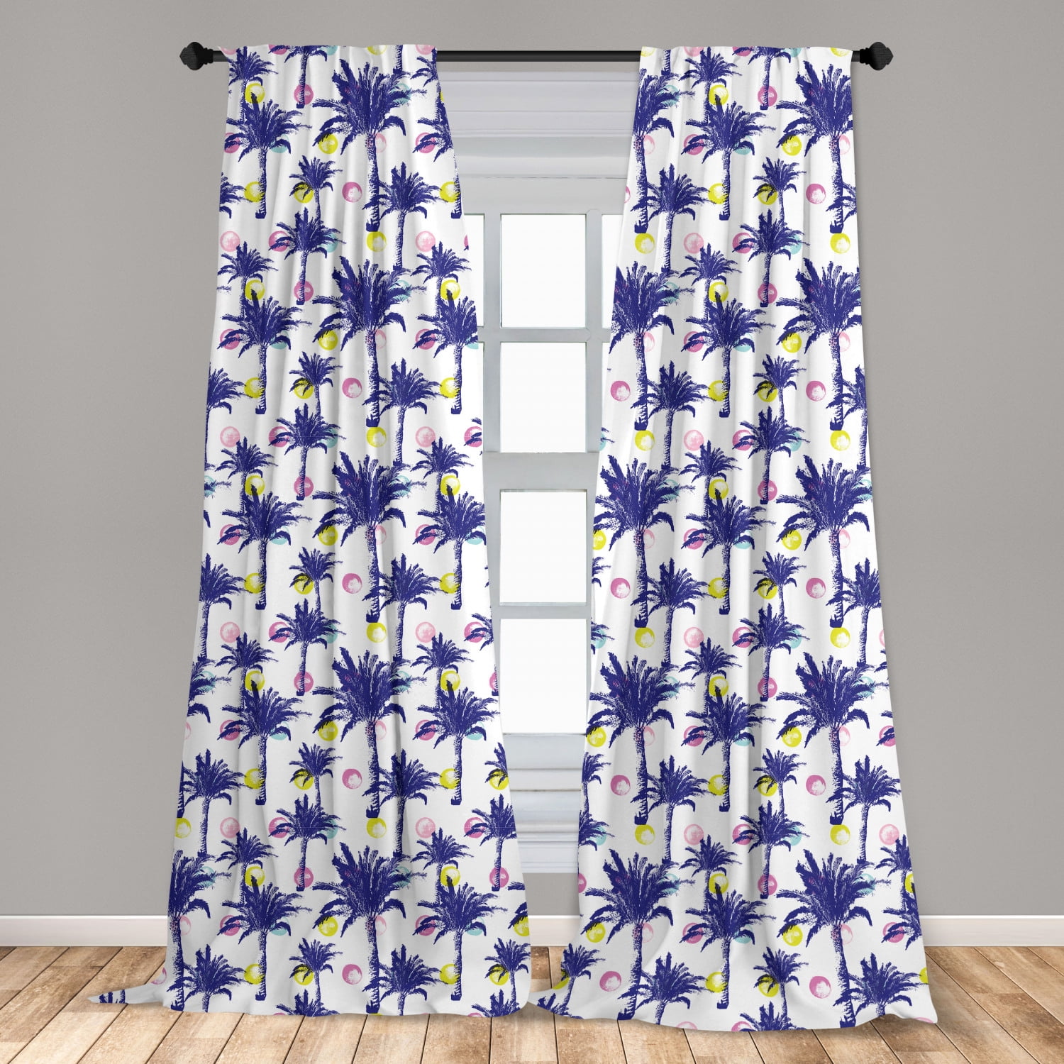 Ambesonne Abstract Curtains, Palms and Stroked Rounds, Pair of 28"x63 ...