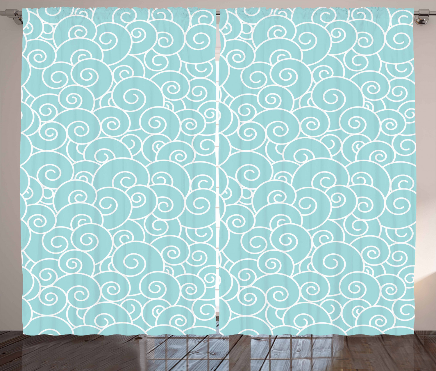 Abstract Curtains 2 Panels Set, Sea Inspired Wave Pattern with Curly ...