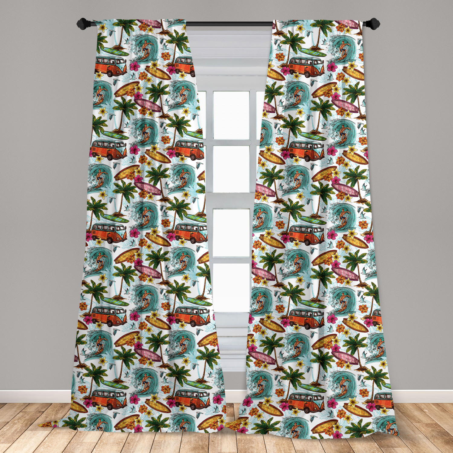 Abstract Curtains 2 Panels Set, Surf Themed Vibrant Image Vintage Van ...