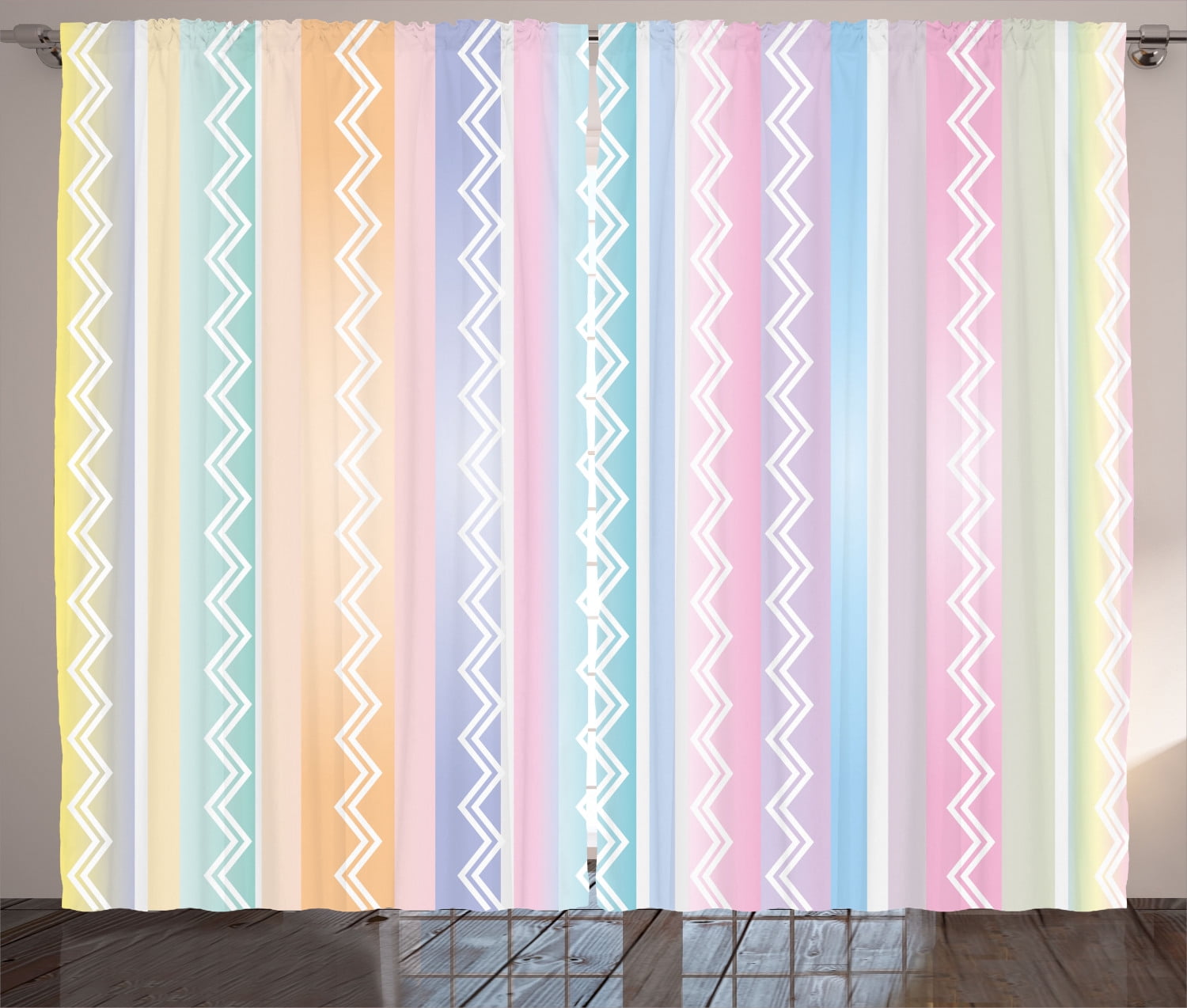 Abstract Curtains 2 Panels Set, Vertical Pastel Soft Tone Lines with ...