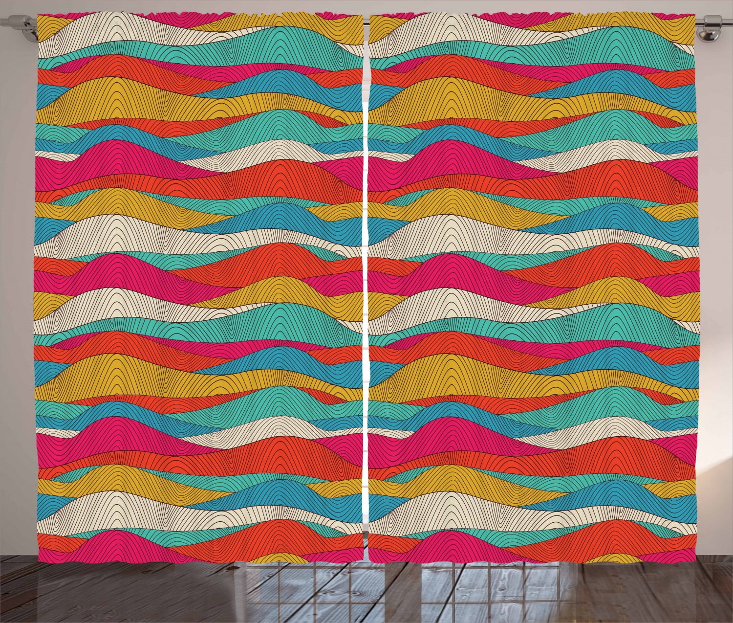 Ambesonne Abstract Curtains 2 Panel Set, Retro Colorful Wave Design ...