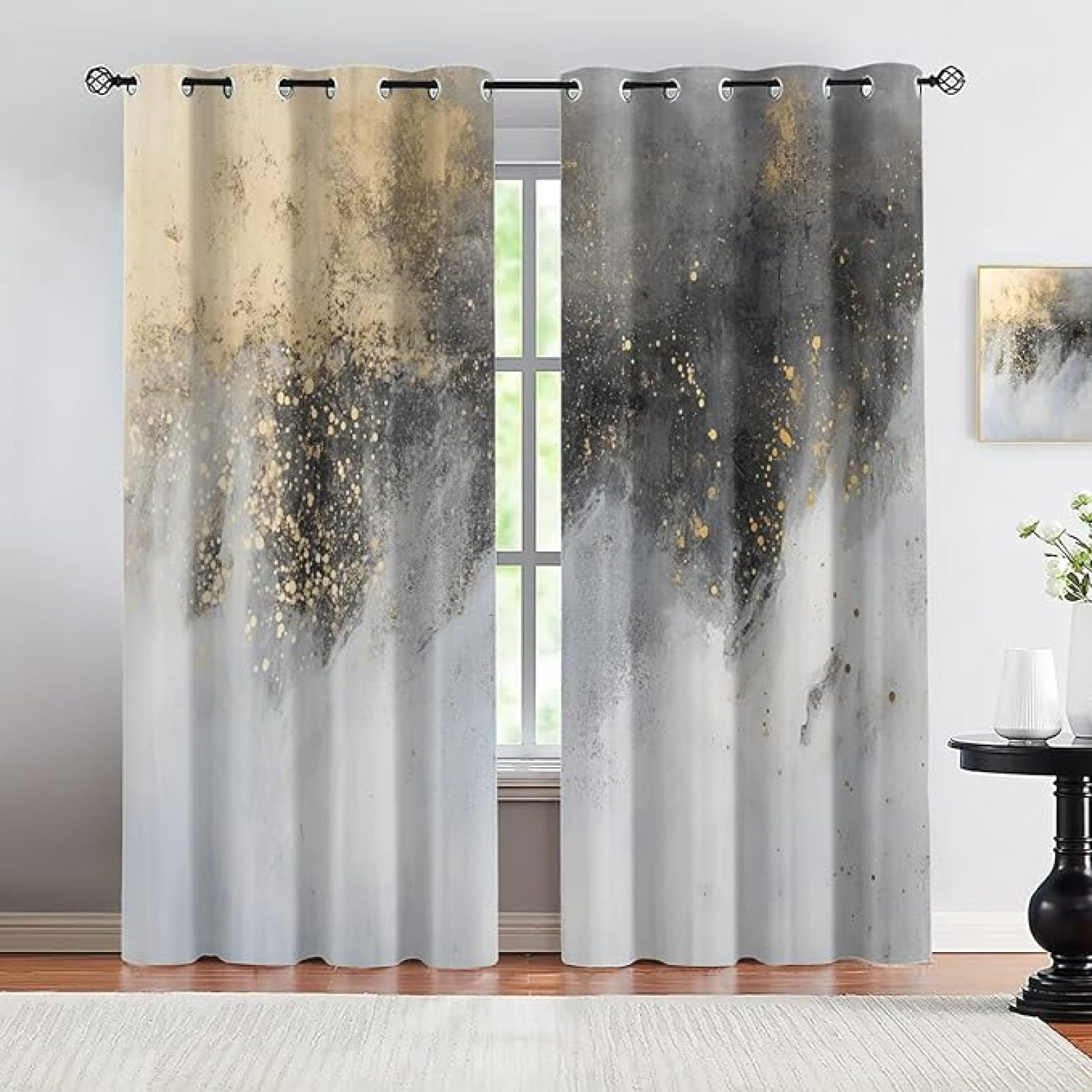 Abstract Curtains For Bedroom Living Room, Gold Black Gray Blackout ...