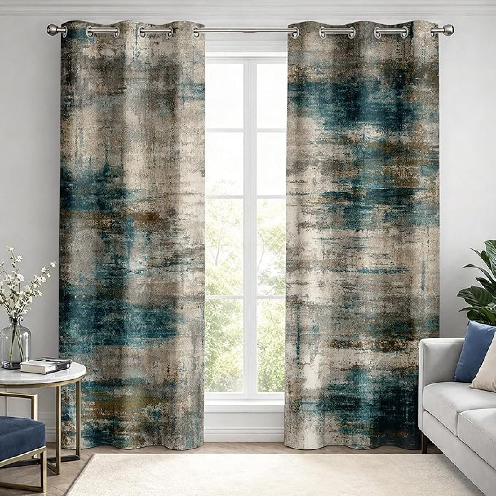 Abstract Curtains, Distressed Neutral Teal Grey Brush Stroke Blackout ...