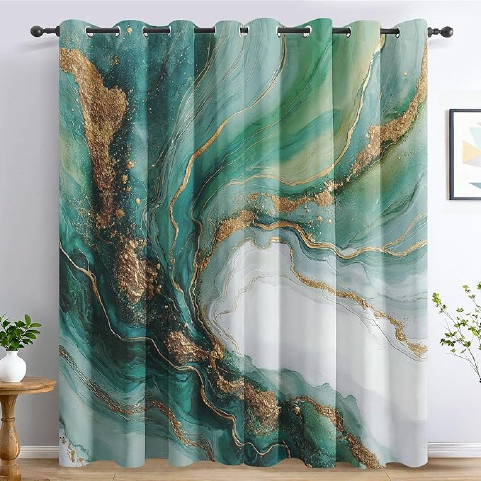 Abstract Curtains for Living Room, Thermal Insulated Green Gold Marble ...
