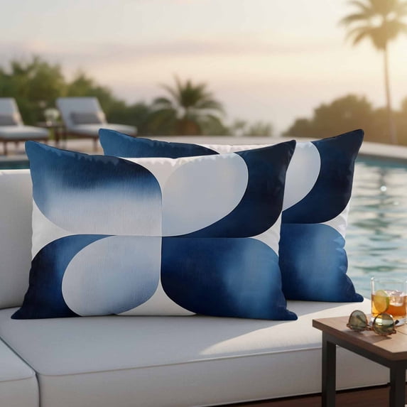 Abstract Curve Outdoor Throw Pillow Covers Set of 2, White Blue ...