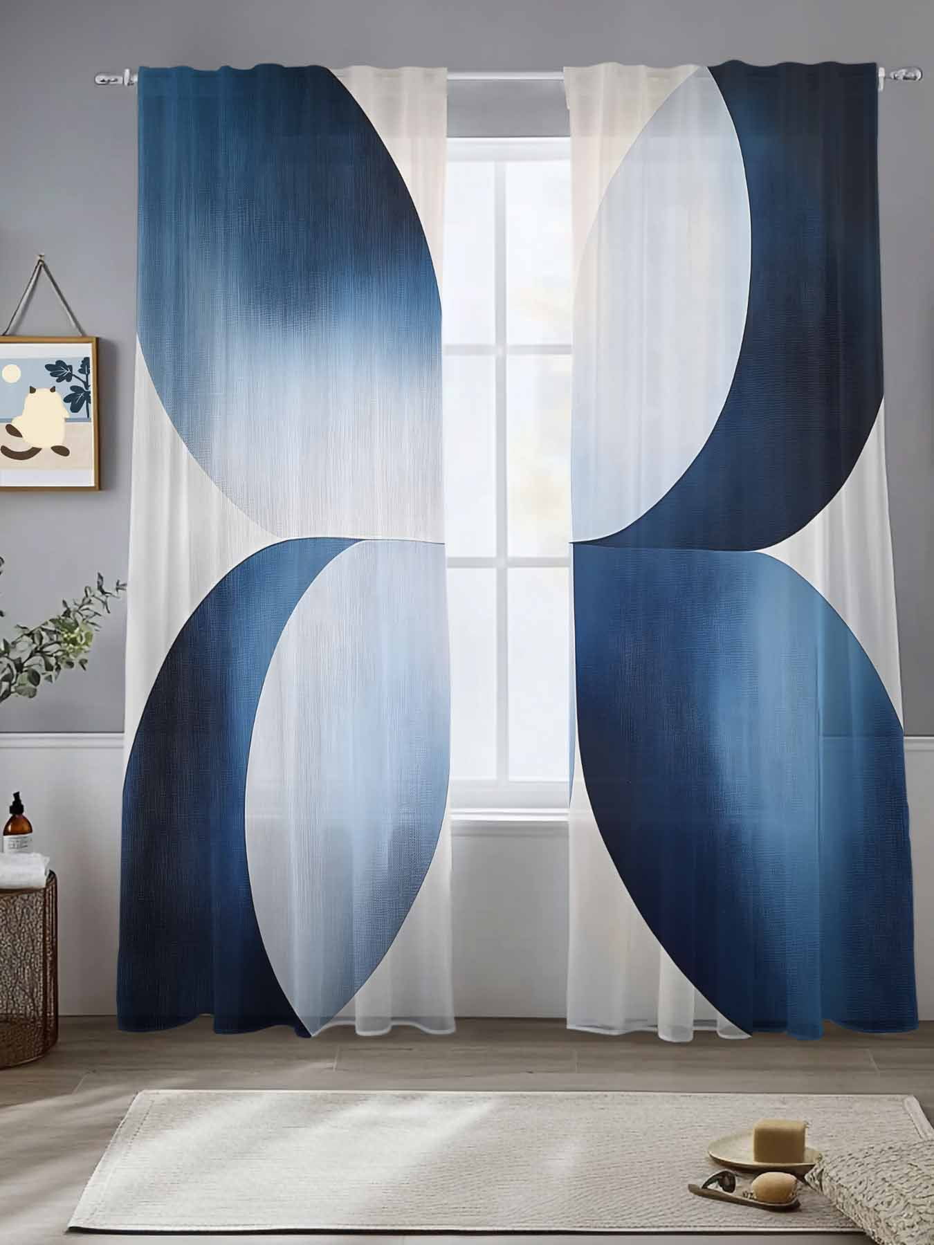 Abstract Curve Sheer Curtains 96 Inches Long 2 Panels White Blue ...