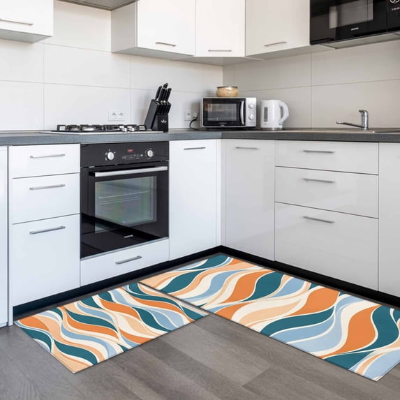 Abstract Curves 2 Pieces Non-Slip Kitchen Mat Set, Retro Teal Orange ...