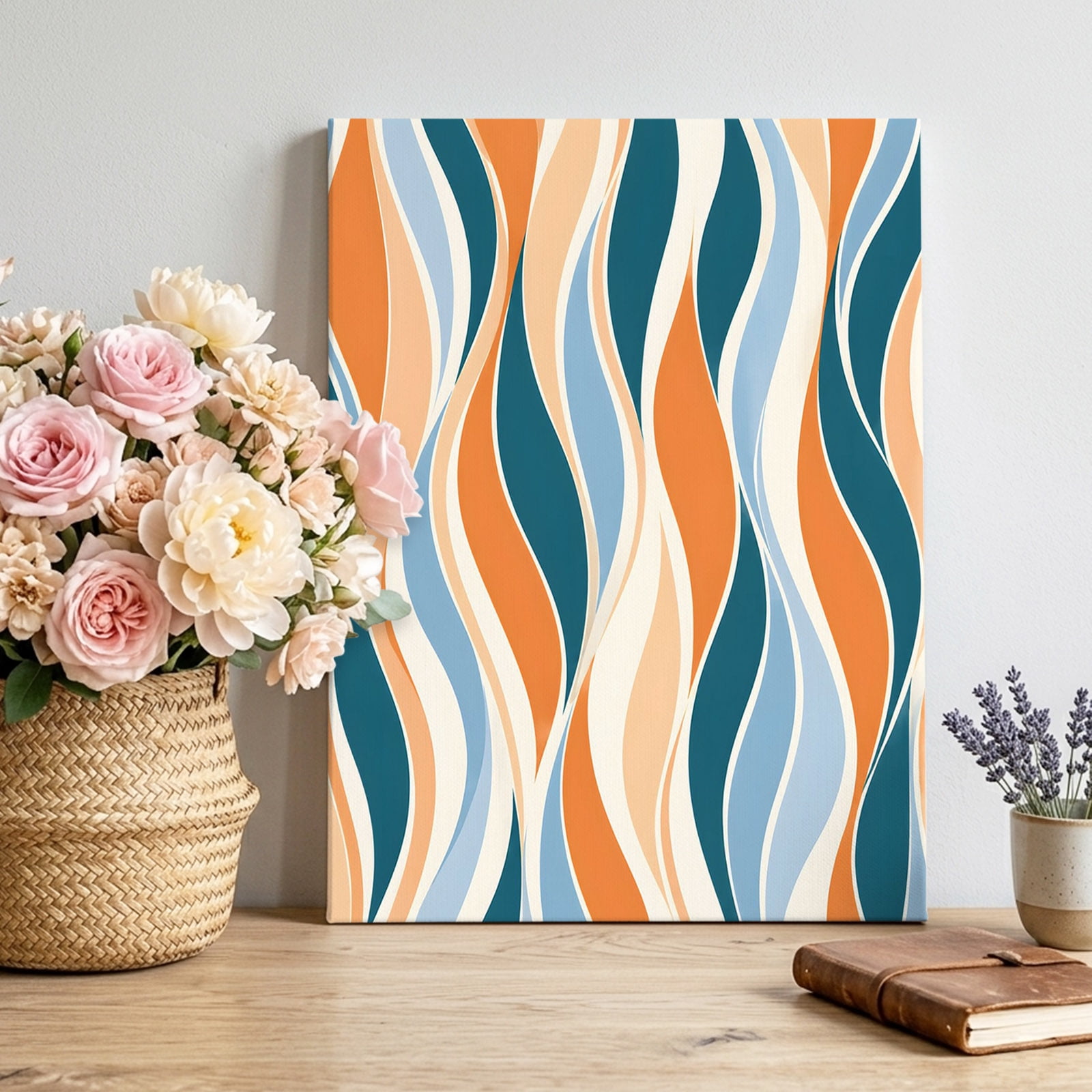Abstract Curves Canvas Wall Art for Living Room, Retro Teal Orange ...