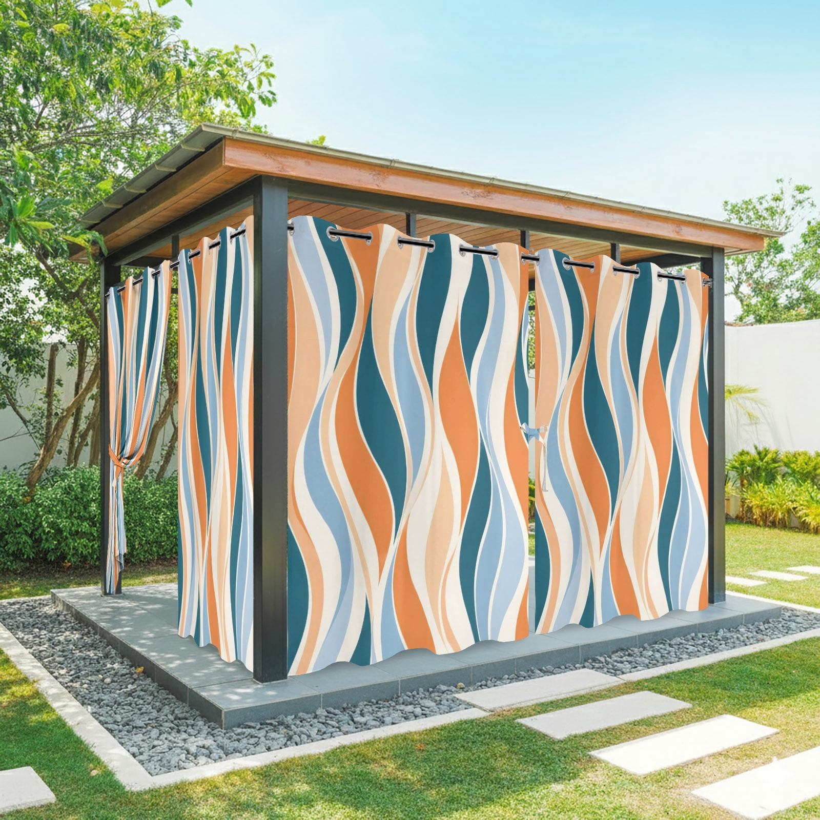 Abstract Curves Outdoor Curtains for Patio, Retro Teal Orange Fluid ...