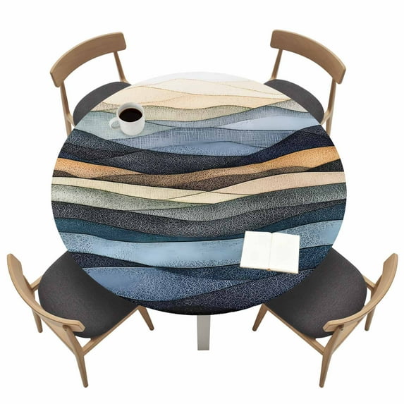 Abstract Curves Round Fitted Tablecloth with Elastic Edge Colorful ...