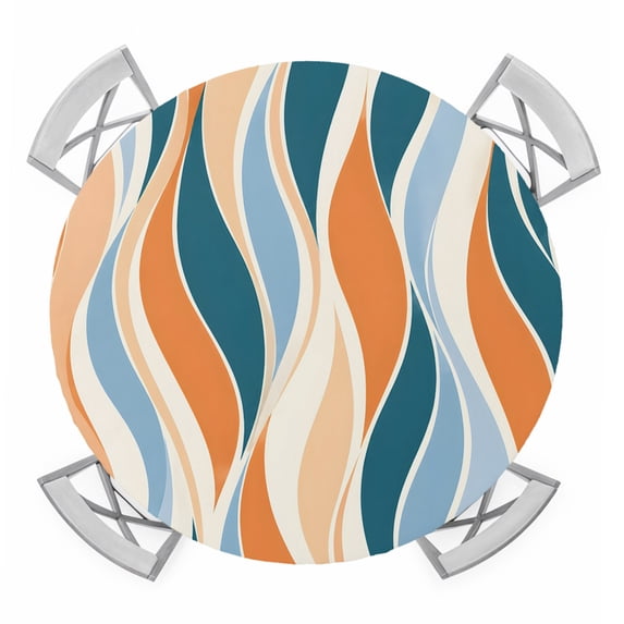 Abstract Curves Round Table Cover, Retro Teal Orange Fluid Ribbons Wavy ...
