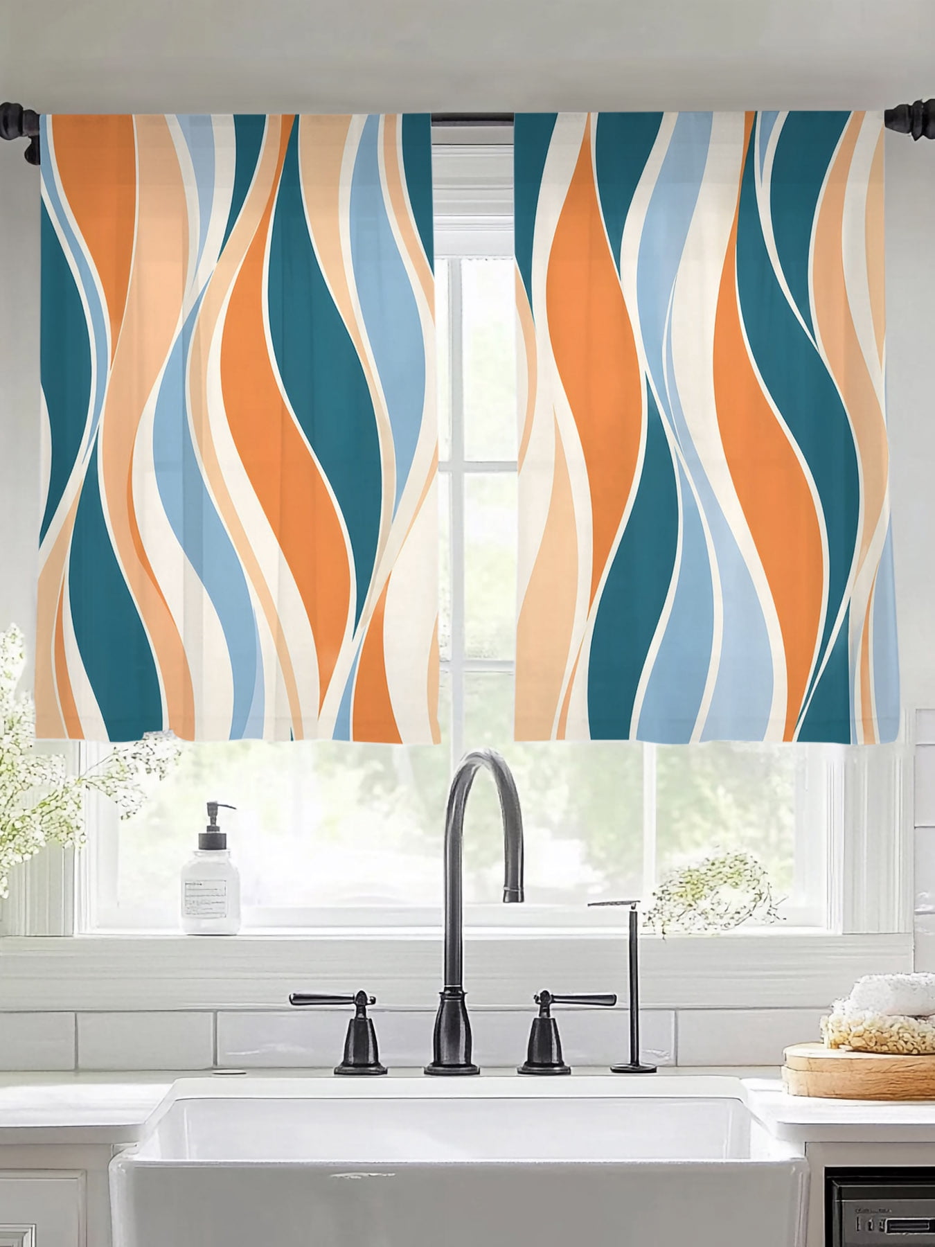 Abstract Curves Sheer Curtains 54 inches Long, Retro Teal Orange Fluid ...