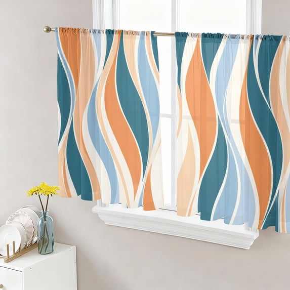 Abstract Curves Sheer Curtains for Living Room Bedroom, Retro Teal ...