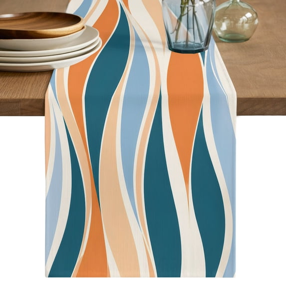 Abstract Curves Table Runner, Retro Teal Orange Fluid Ribbons Wavy ...