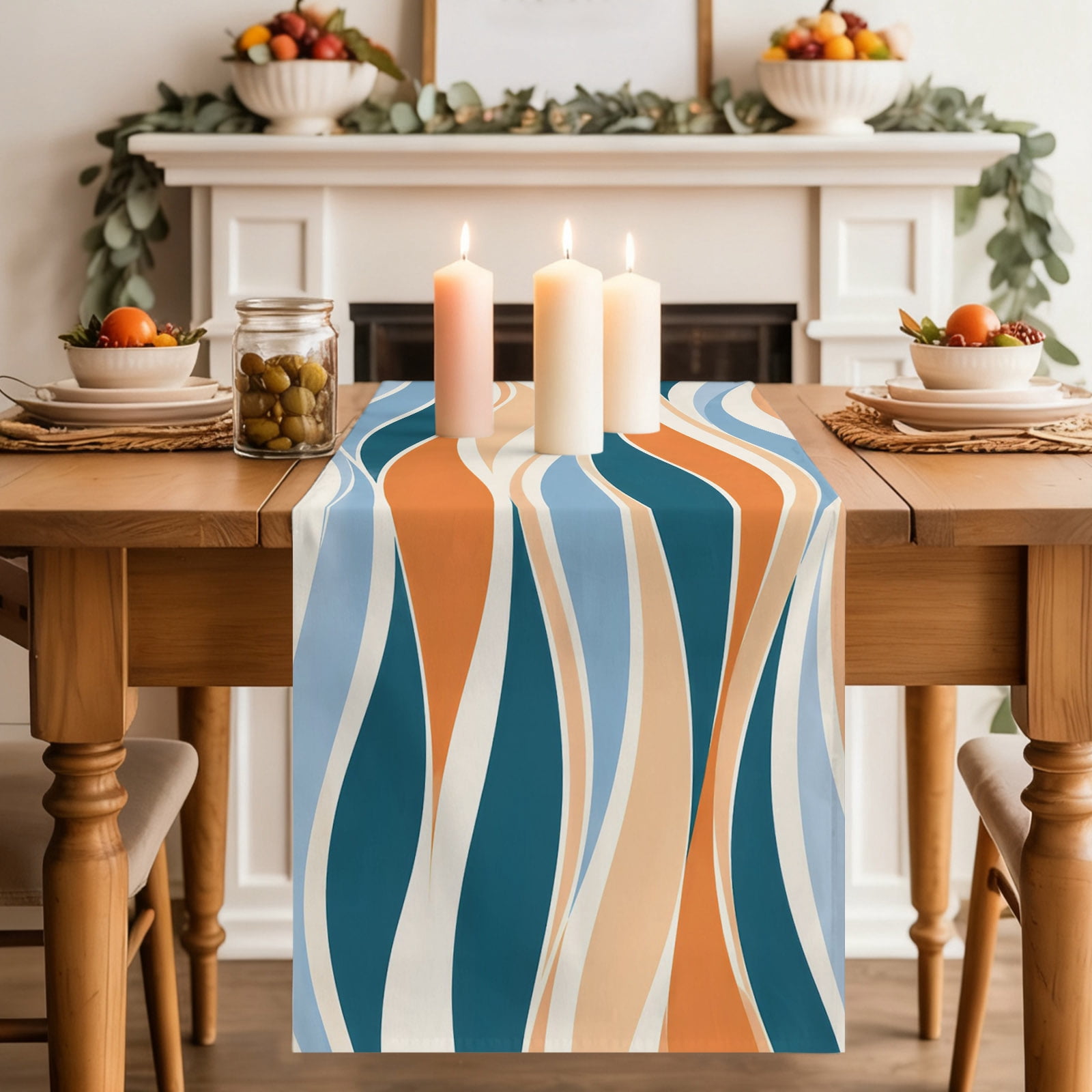 Abstract Curves Table Runner, Retro Teal Orange Fluid Ribbons Wavy ...