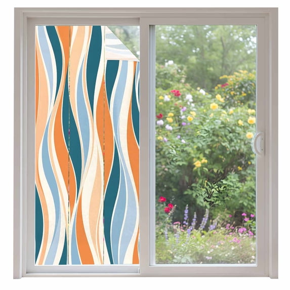 Abstract Curves Window Privacy Film, Retro Teal Orange Fluid Ribbons ...