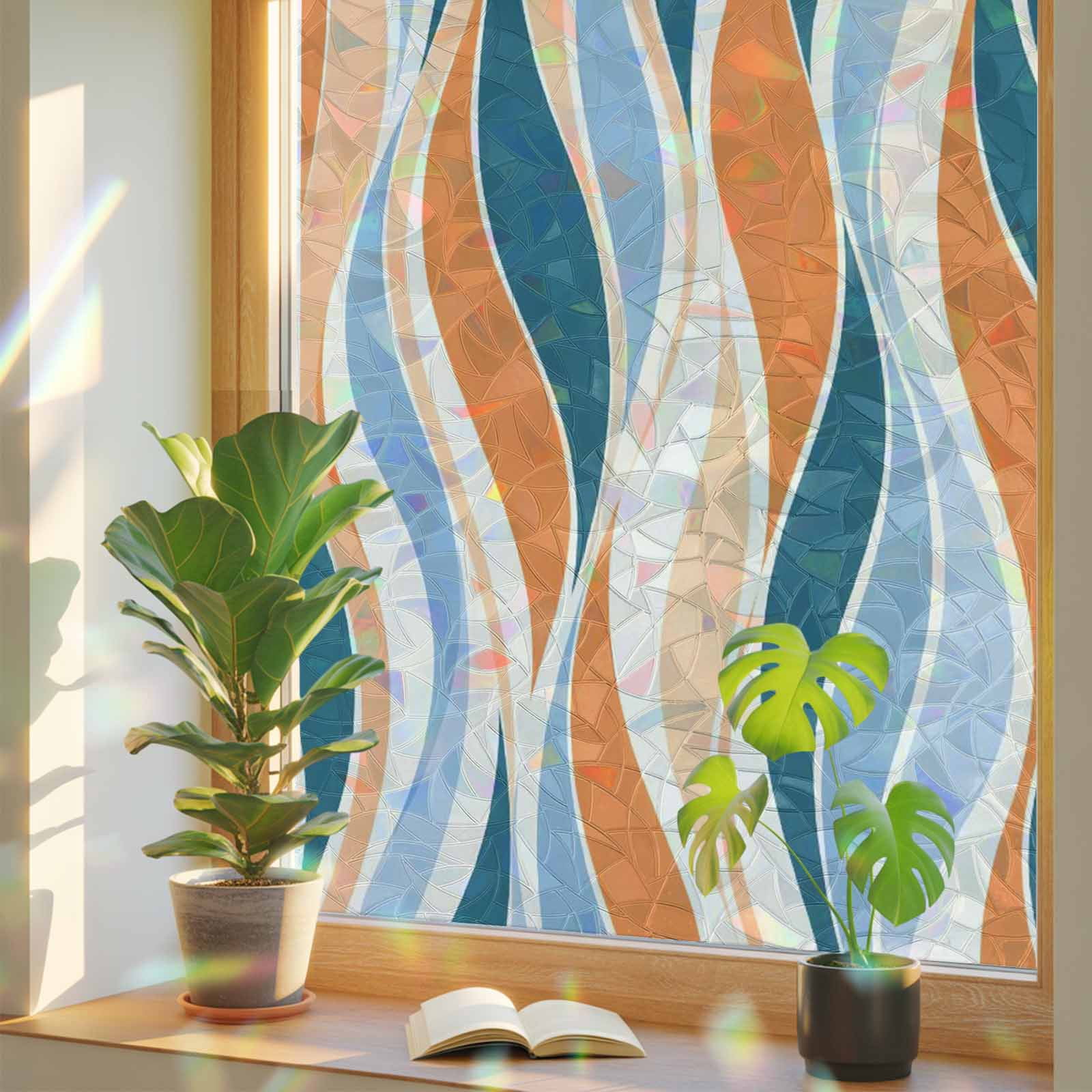 Abstract Curves Window Privacy Film, Retro Teal Orange Fluid Ribbons ...
