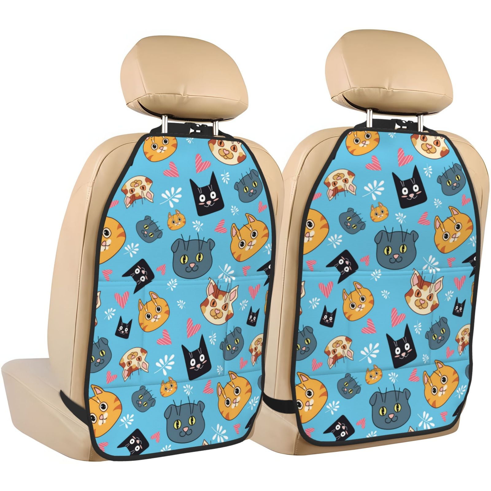Abstract Cute Cartoon Cat Face Backseat Car Organizer, 2 Pack Kick Mats ...