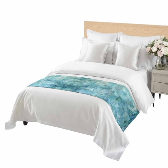 Abstract Cyan Bed Runner Queen Size Gradient Glass Shard Texture Modern ...