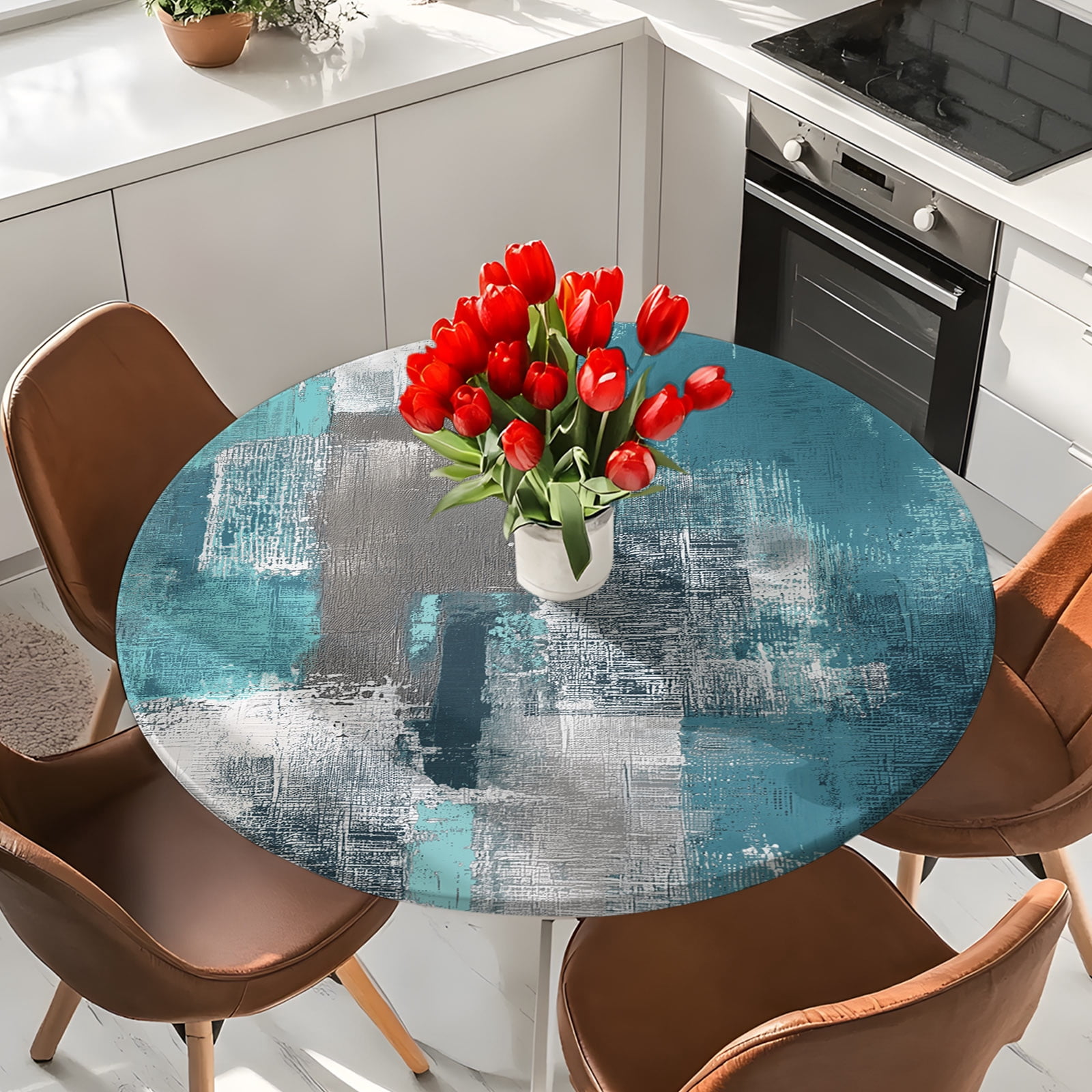 Abstract Cyan Gray Texture Art Round Fitted Tablecloth with Elastic ...