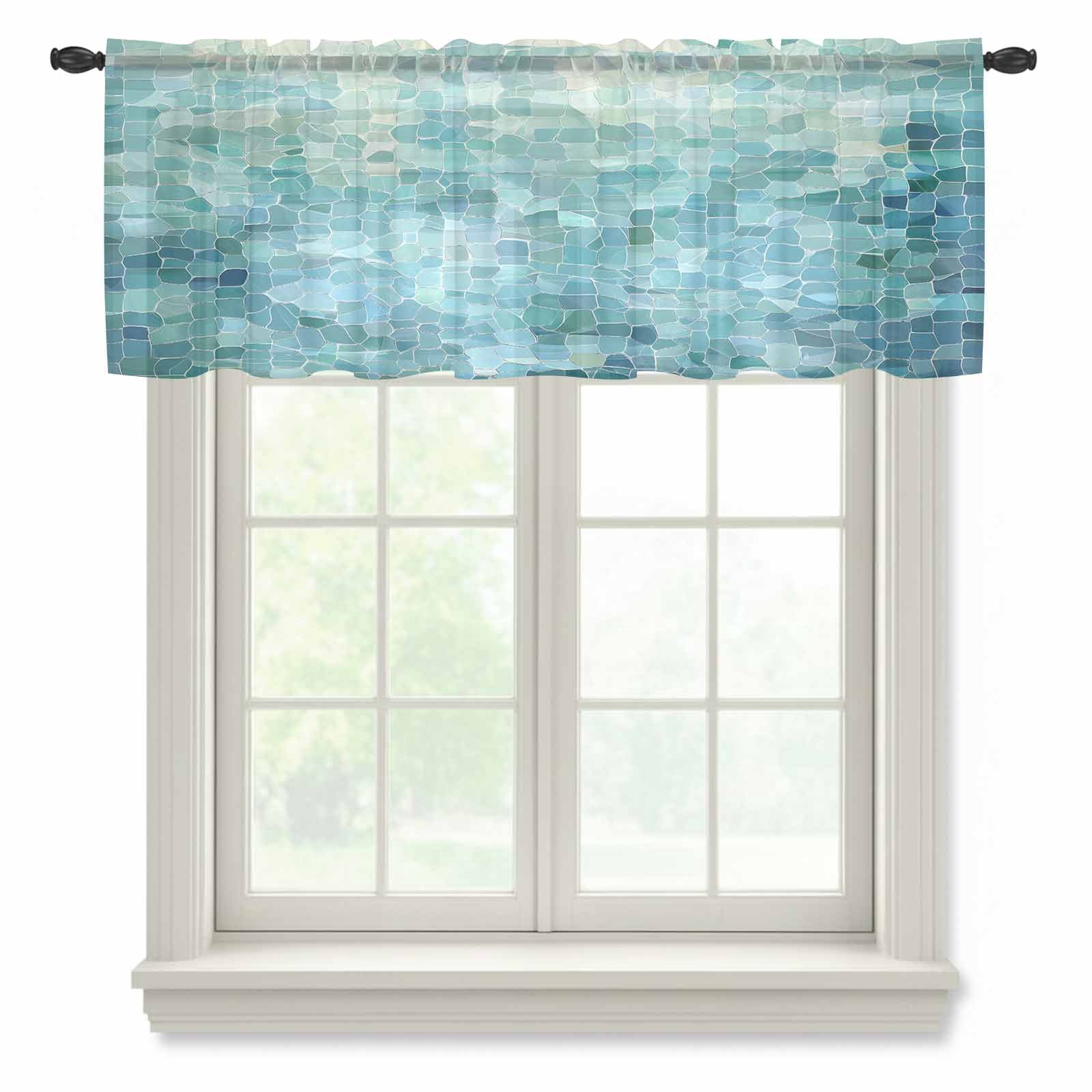 Abstract Cyan Semi Sheer Valance Curtains Gradient Glass Shard Texture ...