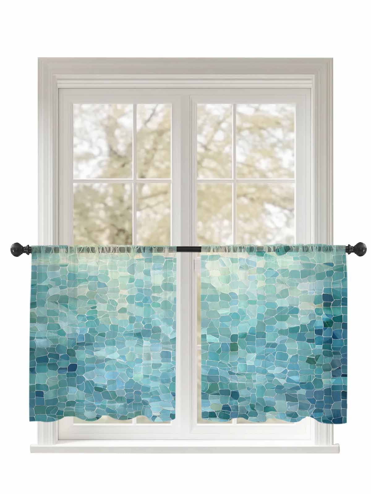 Abstract Cyan Sheer Curtains 2 Panels Set Gradient Glass Shard Texture ...