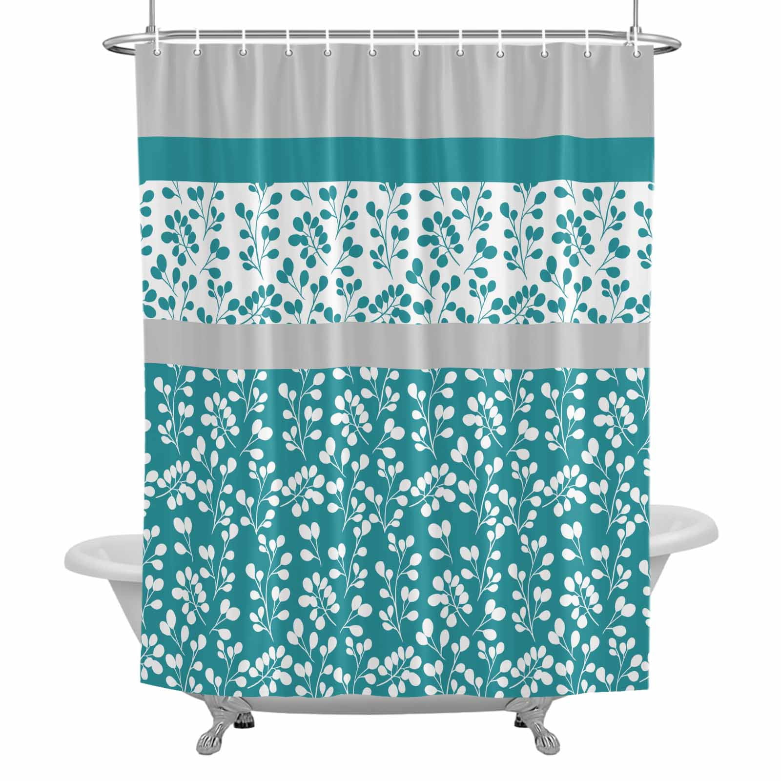 Abstract Cyan Shower Curtain for Bathroom, Grey Stripes Floral Plant ...