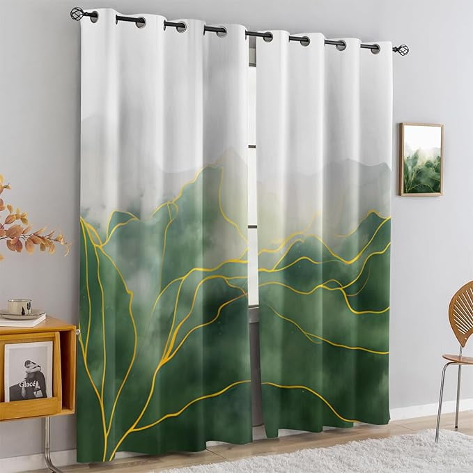 Abstract Cyan Smoke Blackout Window Curtain, Modern Golden Lines ...