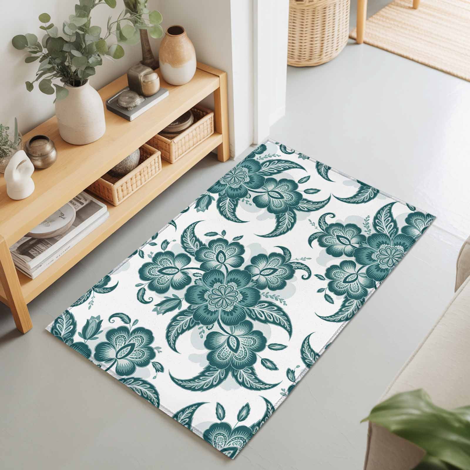Abstract Cyan-blue Paisley Pattern Rectangle Rug 2'x3' Ethnic Flower ...