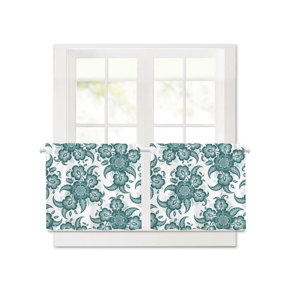 Abstract Cyan-blue Paisley Pattern Short Blackout Curtains 30 Inch Long ...
