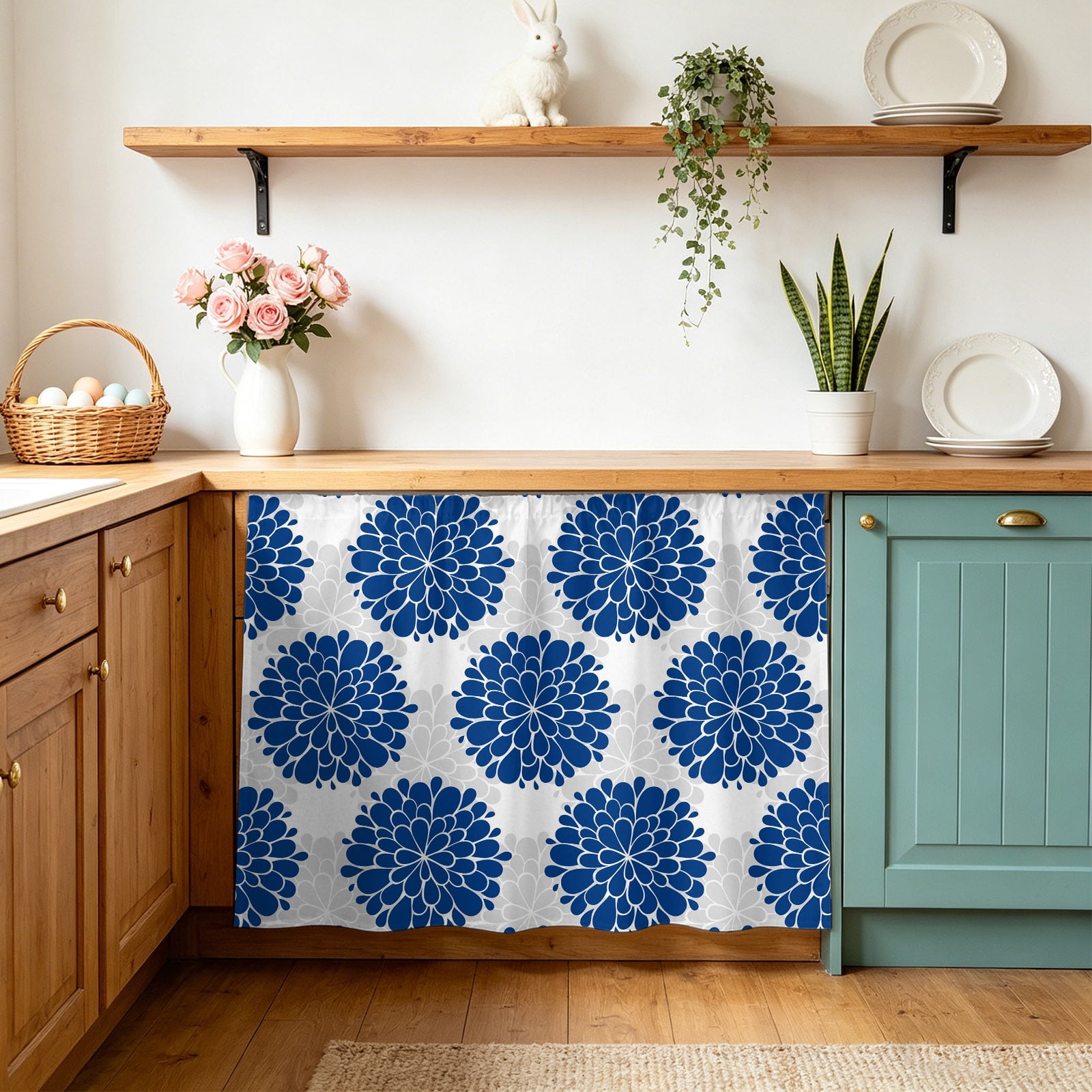Abstract Dahlia Cabinet Curtains 10" W x 11" L Vintage Deep Blue ...