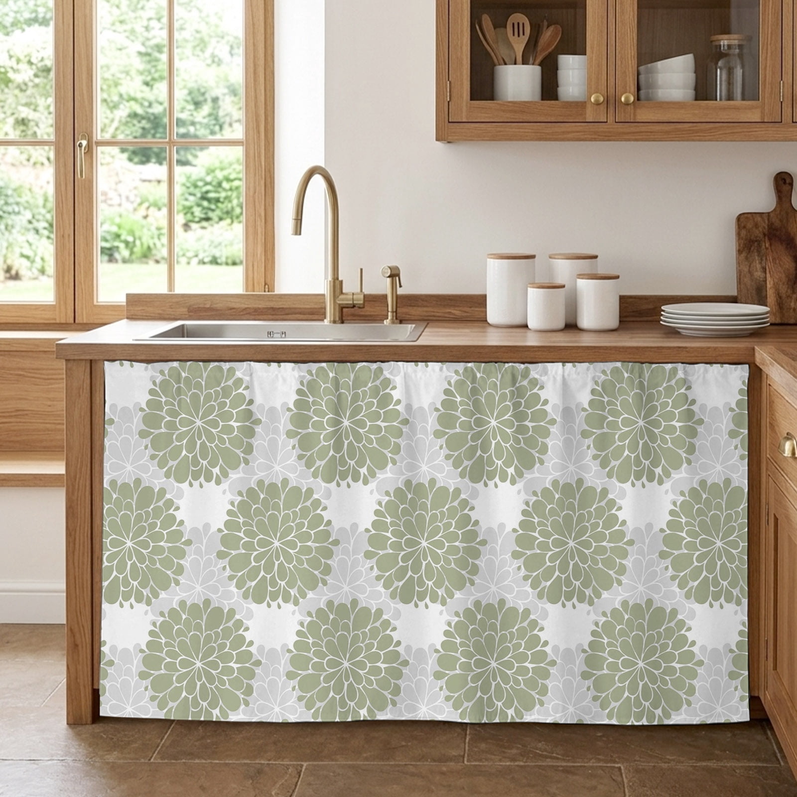 Abstract Dahlia Cabinet Curtains 28" W x 51" L Vintage Green Country ...