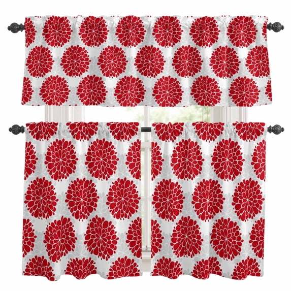 Abstract Dahlia Curtain Valances Set Vintage Farmhouse Red Country ...