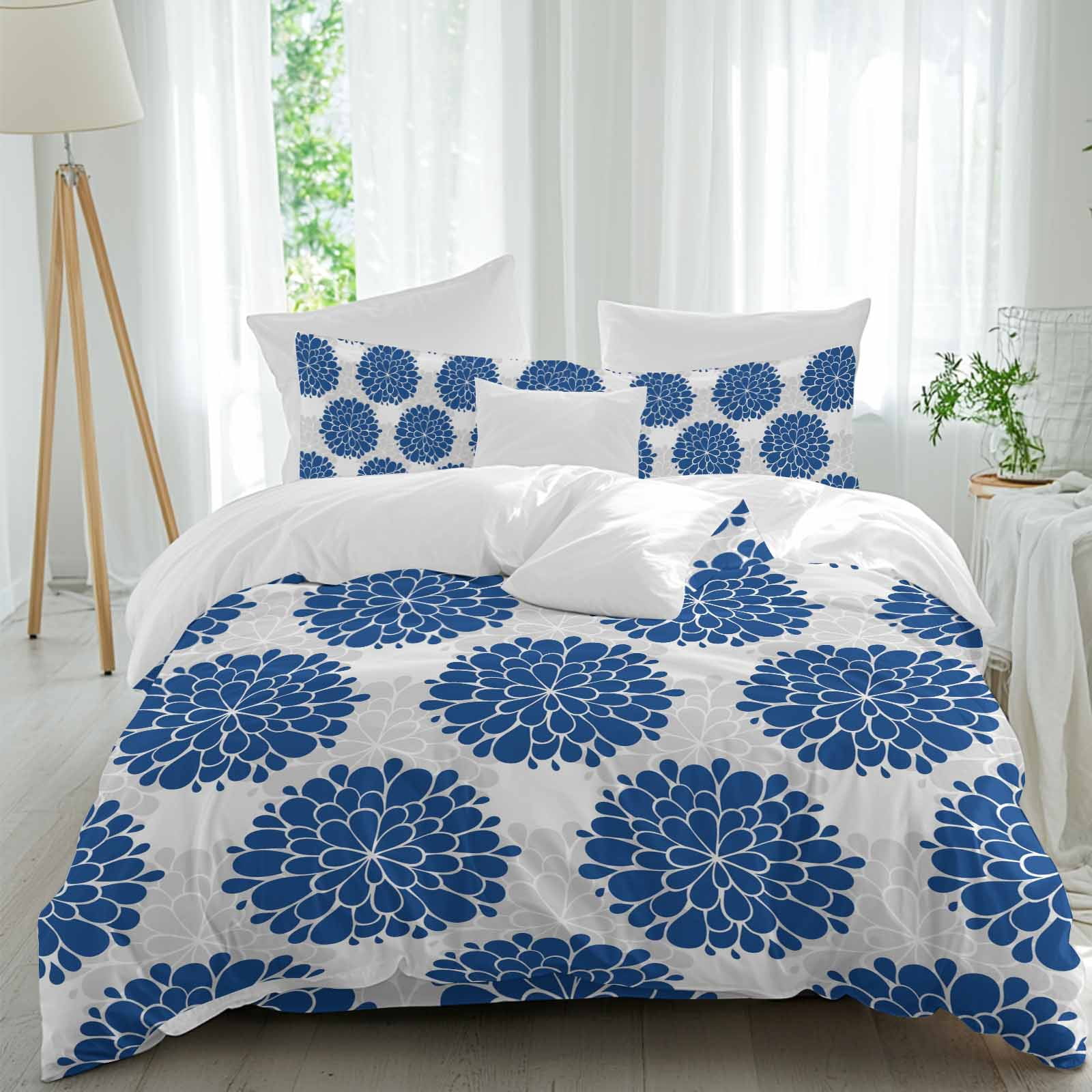 Abstract Dahlia Full Size Comforter Set, Vintage Deep Blue Country ...