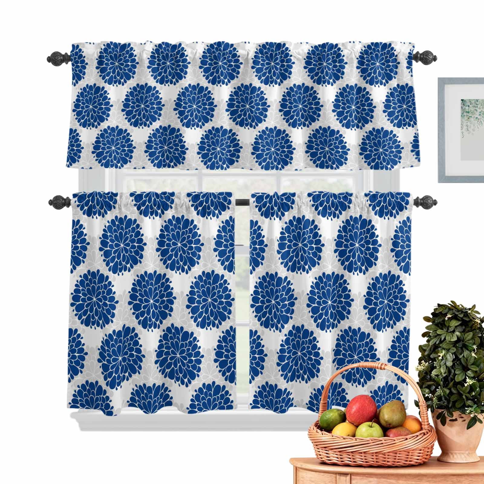 Abstract Dahlia Kitchen Curtains Valances 3 Piece Set, Vintage Deep ...