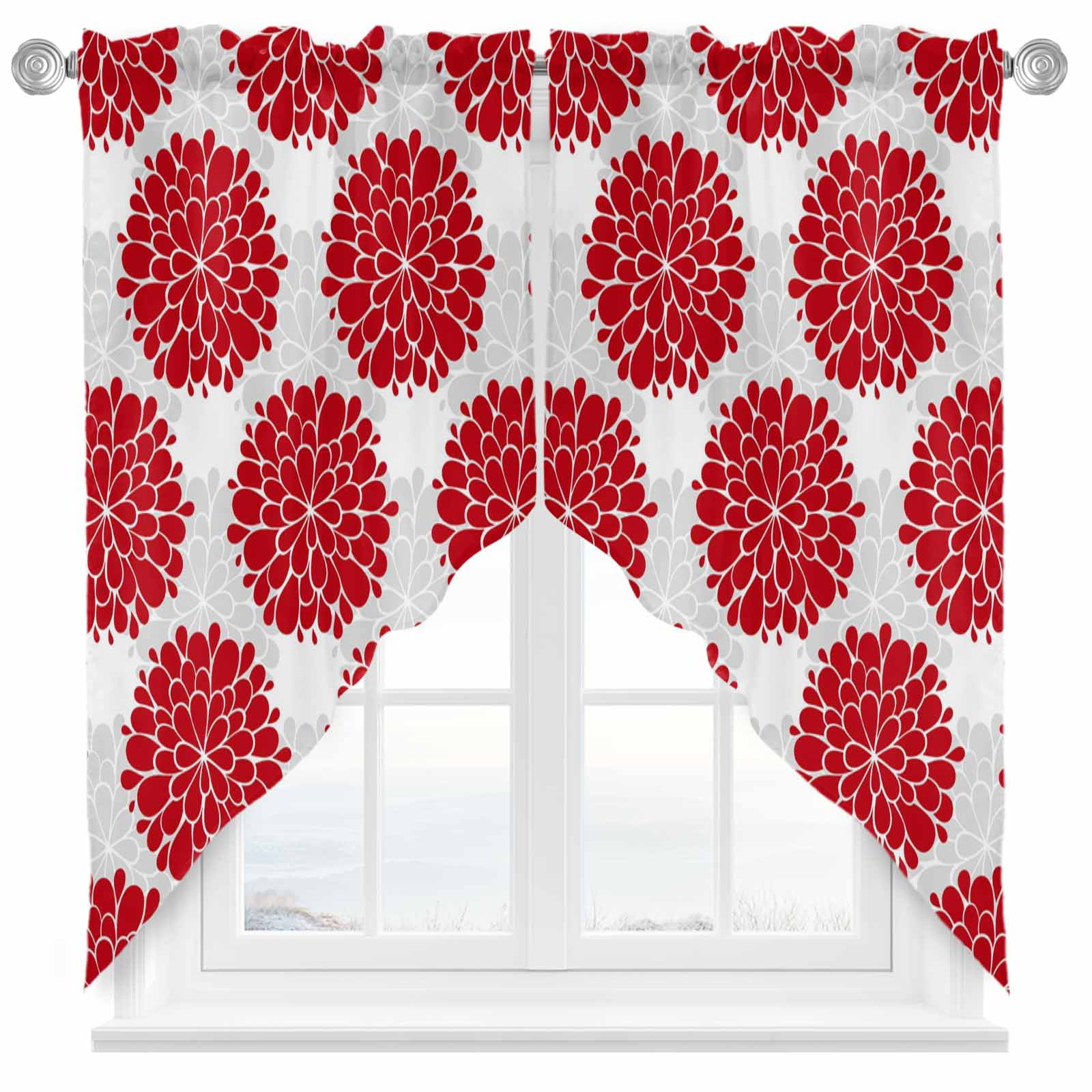 Abstract Dahlia Swag Kitchen Curtain Valances, Vintage Farmhouse Red ...