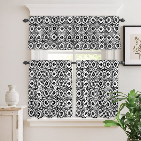 Abstract Damask Black Floral Curtain Tier and Valance Set 3 Piece ...